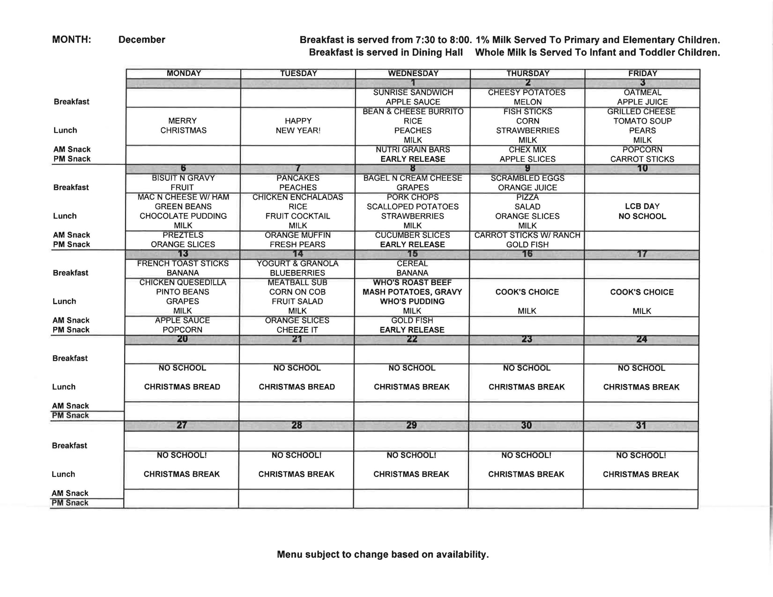 December Menu – Southern Ute Indian Montessori Academy