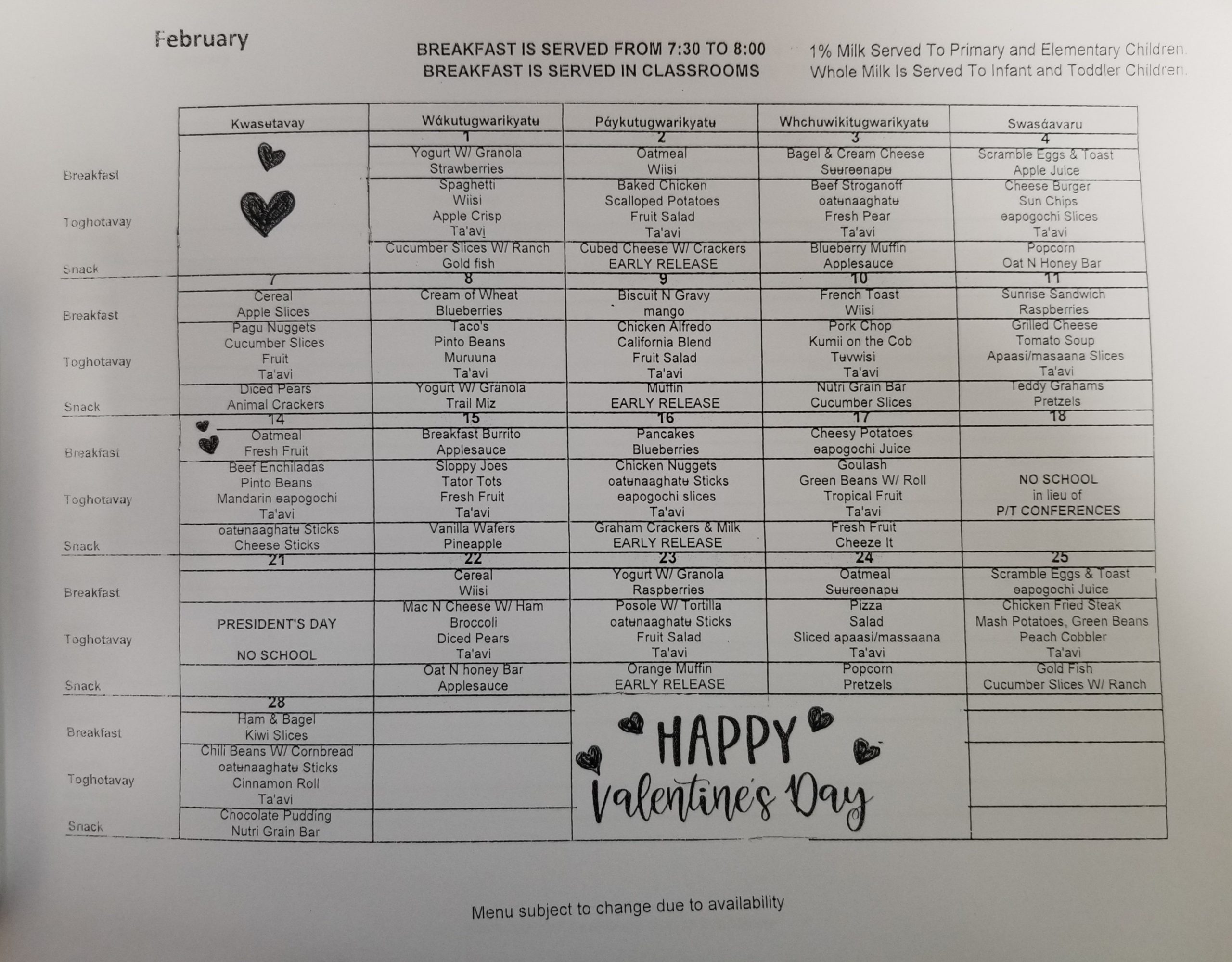 February menu – Southern Ute Indian Montessori Academy